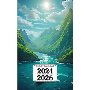 Pocket Calendar 2024-2026: Two-Year Monthly Planner for Purse , 36 Months from January 2024 to December 2026 | Lone figure | Small boat | Emerald ... | Deep blue ocean | Sun-City inscription