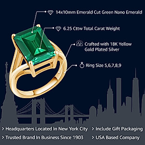 Gem Stone King 18K Yellow Gold Plated Silver Green Simulated Emerald Solitaire Ring For Women (6.50 Cttw, Available In Size 5, 6, 7, 8, 9)