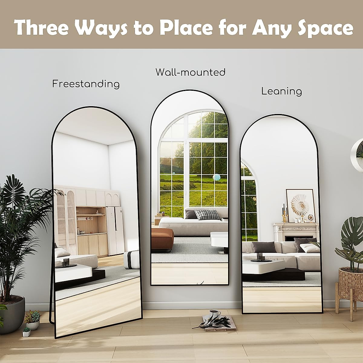 JAWGLOW Arched Floor Mirror, 65" x 21" Full Length Mirror Wall Mirror Hanging or Leaning Arched-Top Full Body Mirror with Stand for Bedroom, Dressing Room, Black