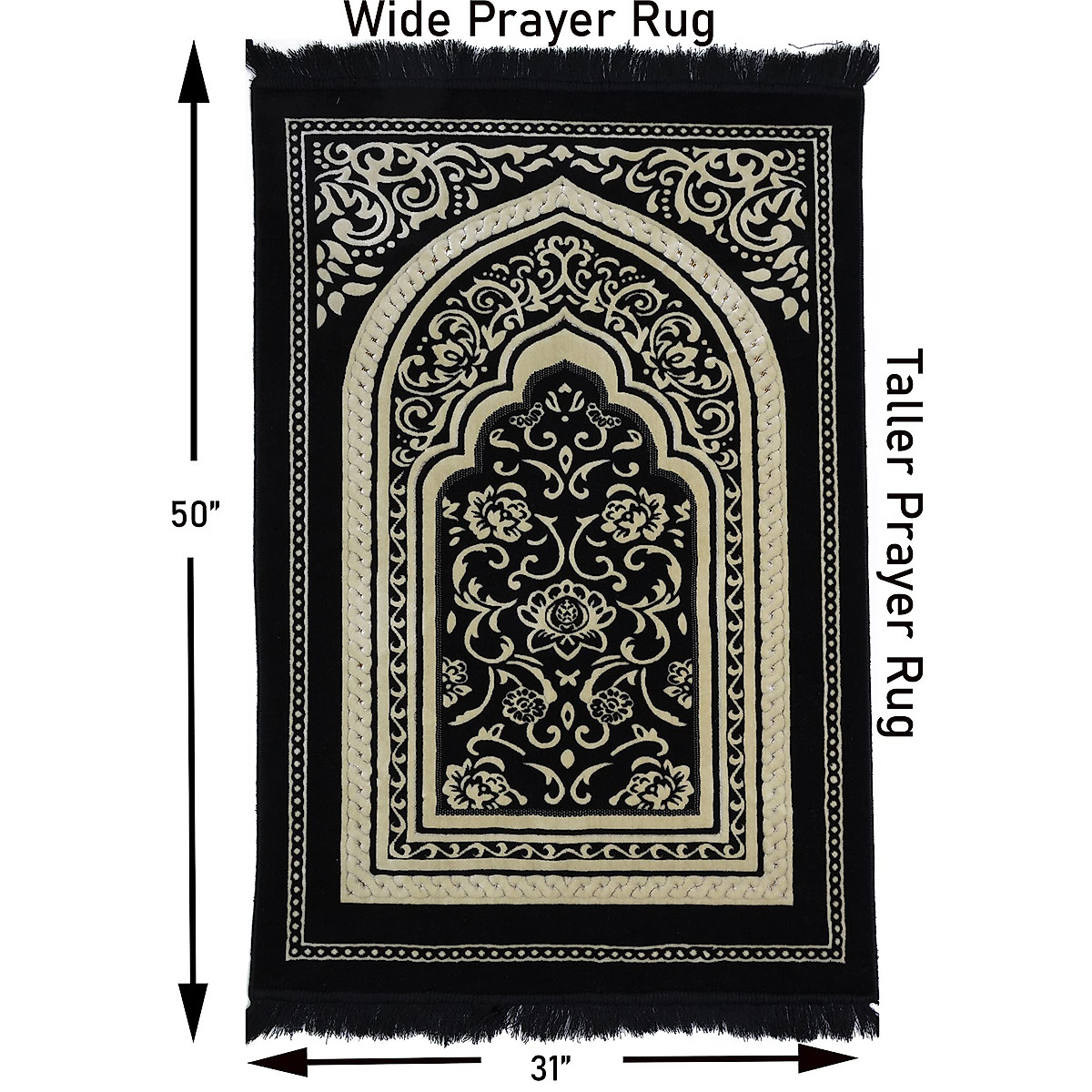 Modefa Turkish Islamic Velvet Prayer Rug - Thick Wide Soft Prayer Carpet - Men & Women - Large Prayer Mat - Eid & Ramadan Gift - with Kufi Cap Beads & Car Hanger - Double Plush Floral Black