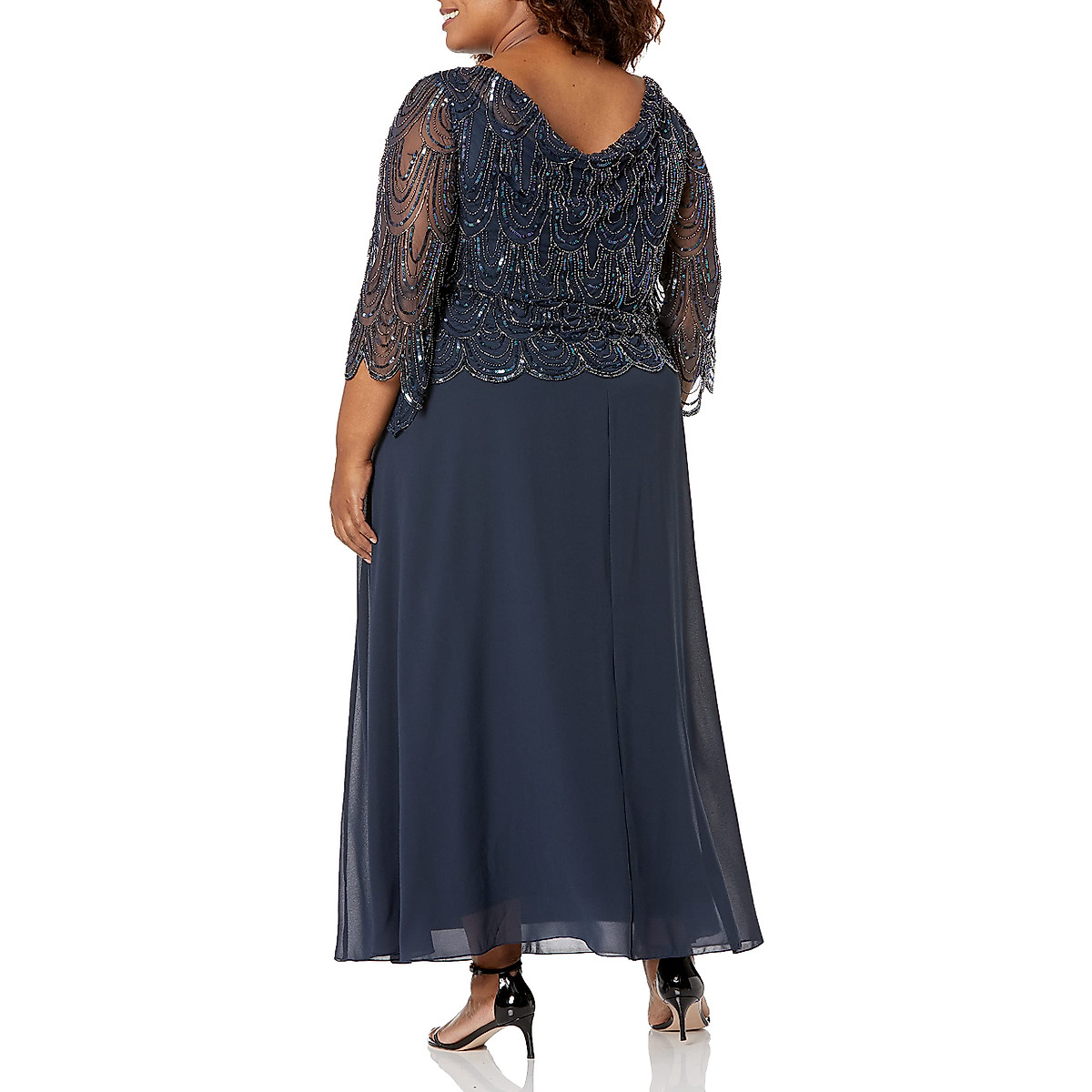 J Kara Women's Plus Size 3/4 Scallop Beaded Pop Over Gown, Navy/Mercury, 24W