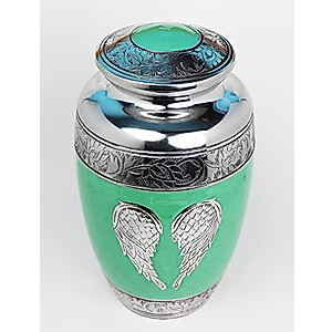 Wood Carving International Angel Wings Urns for Ashes - Decorative Human Adult- Burial cremated remains Funeral Urn Cremation Adult Male & Female with Velvet Bag (Green), Large