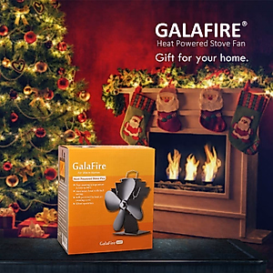GALAFIRE 4-Blades Heat Powered Wood Stove Fan + Magnetic Thermometer, 122°F Start Non Electric Eco Fireplace Fan for Gas/Pellet/Log/Wood Burning Stoves, Silent Operation, 2-Years, N429, Black