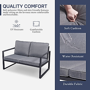 RICNOD Outdoor Loveseat with Coffee Table, Patio Conversation Set, Aluminum Modern Patio Furniture Set with Cushions for Balcony,Backyard, Poolside, Dark Grey