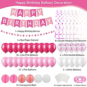 Pink Happy Birthday Party Decorations Set for Women Girls, Pre-Strung Happy Birthday Sign Banner, Pink Balloons, Tissue Paper Pom Poms, Star Garland, Hanging Swirls for Birthday Princess Party