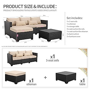 Rattaner Outdoor Furniture Set 3 Pieces Wicker Patio Furniture Outdoor Sectional Patio Couch Outdoor Coffee Table with Storage All-Weather No-Slip Cushions Waterproof Covers, Khaki