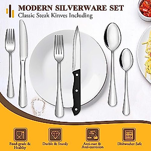 24 Piece Silverware Set, Flatware Utensils Set with Steak Knives for 4, Stainless Steel Cutlery Eating Tableware Set, Include Fork Kinfe Spoon, Mirror Polished, Dishwasher Safe