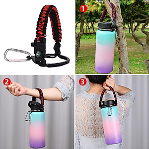 Wongeto Paracord Handle- Survival Strap Cord with Safety Ring and Carabiner - Compatible with Hydro Flask Wide Mouth Water Bottles 12oz - 64 oz Sport Water Bottle Strap Carrier(Red&Black)