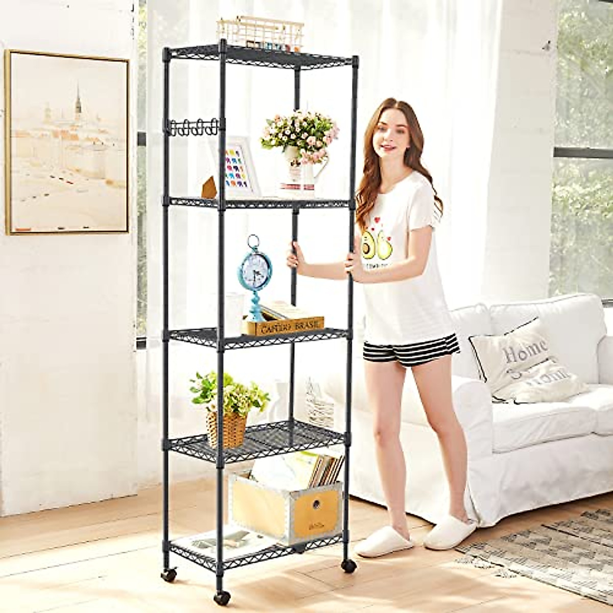 Devo 5-Tier Shelf Storage Shelves, Metal Shelves for Storage, Wire Shelving Unit, Adjustable Shelves Organizer for Garage, Pantry, Kitchen, Side Hooks, Black