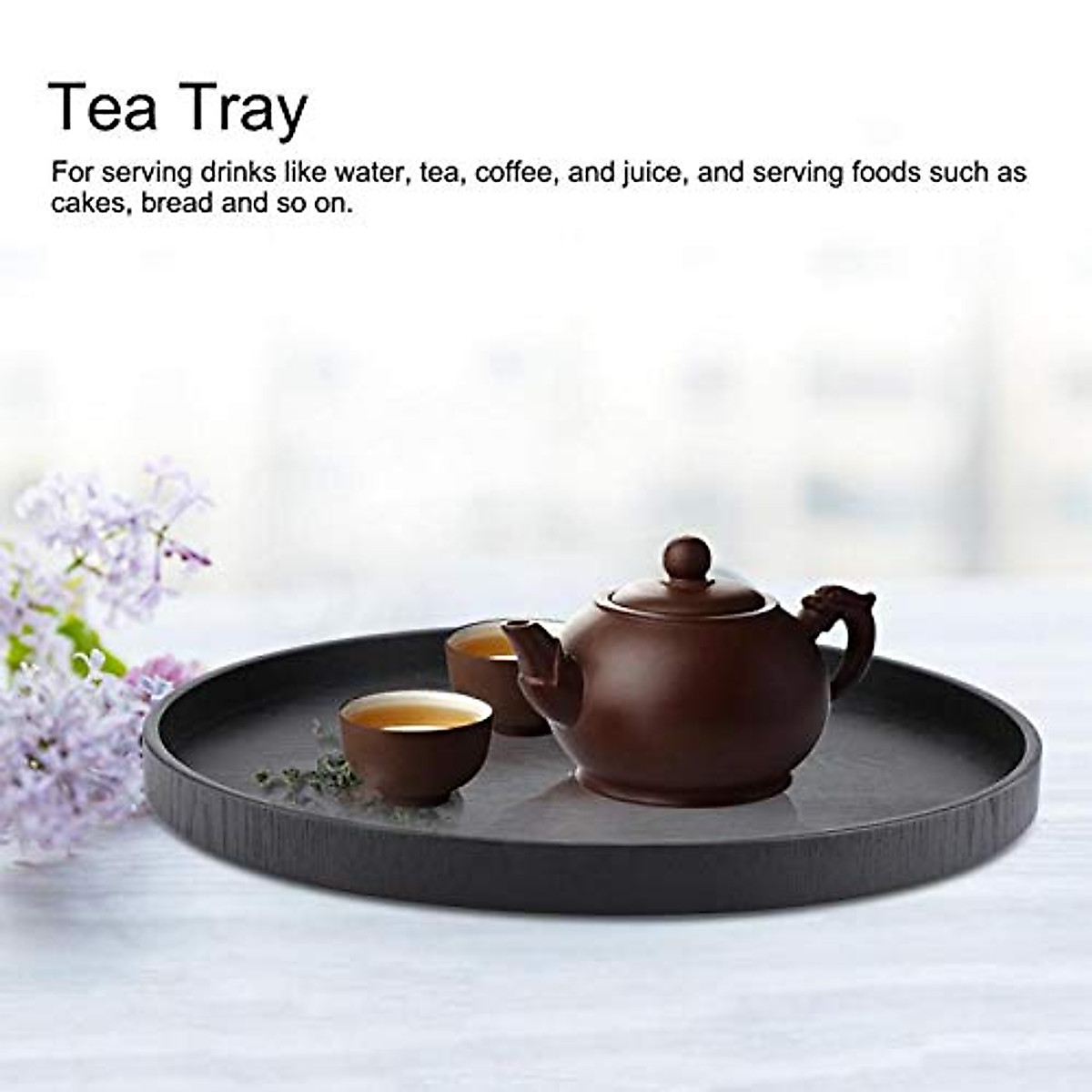 Wood Serving Tray, Black Round Serving Tray Wooden Serving Tray Wood Round Serving Dishes, Trays & Platters 14.7*14.7 Inch