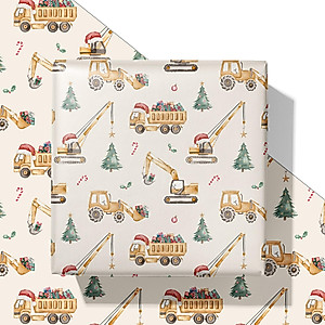 SaringSwoon Construction Christmas Wrapping Paper for Kids - Holiday Wrapping Paper with Dump Trucks, Cranes, Excavators with Santa Hats & Gifts, Christmas Tree - 40×28 Inches, 4 Folded Sheets