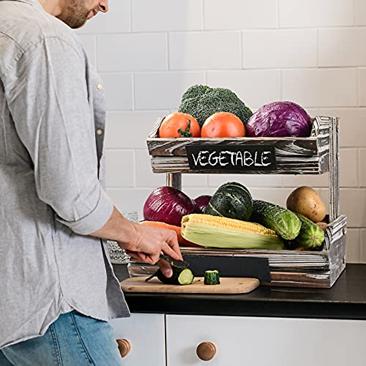 Rustic Fruit Basket Holder, 2 Tier Wood Fruit Stand with Chalkboards, Countertop Fruit and Vegetable Storage for Farmhouse Kitchen, Wooden Fruit Bowl for Vegetable Bread Snacks