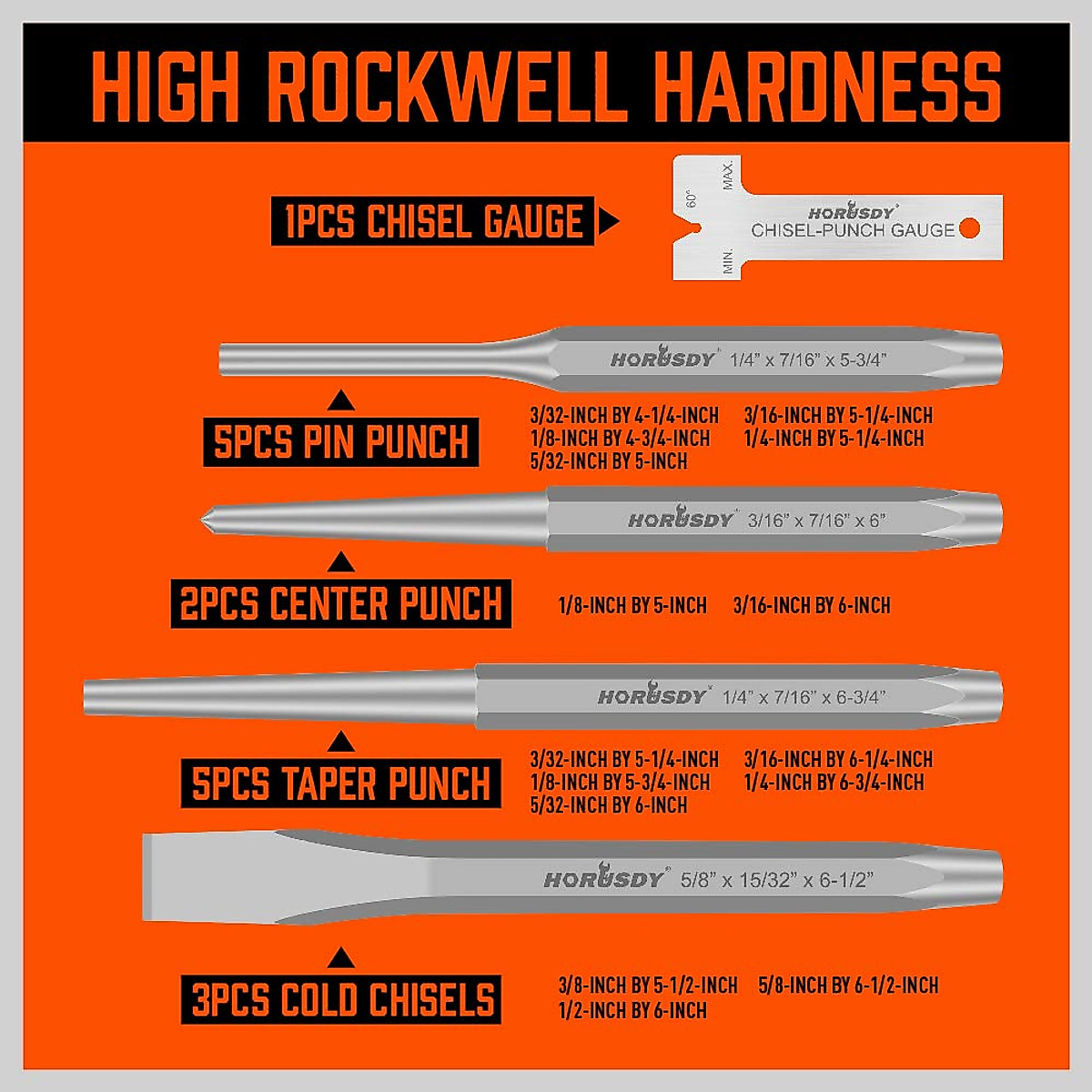 HORUSDY 16-Piece Punch and Chisel Set, Including Taper Punch, Cold Chisels, Pin Punch, Center Punch