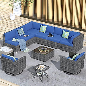 HOOOWOOO 10 Piece Patio Sectional Furniture Set with Swivel Rocking Chairs,Modern Wicker Outdoor Conversation Sofa Sets,Weather Resistant Modular L Shaped Outside Couch Set(Navy Blue)