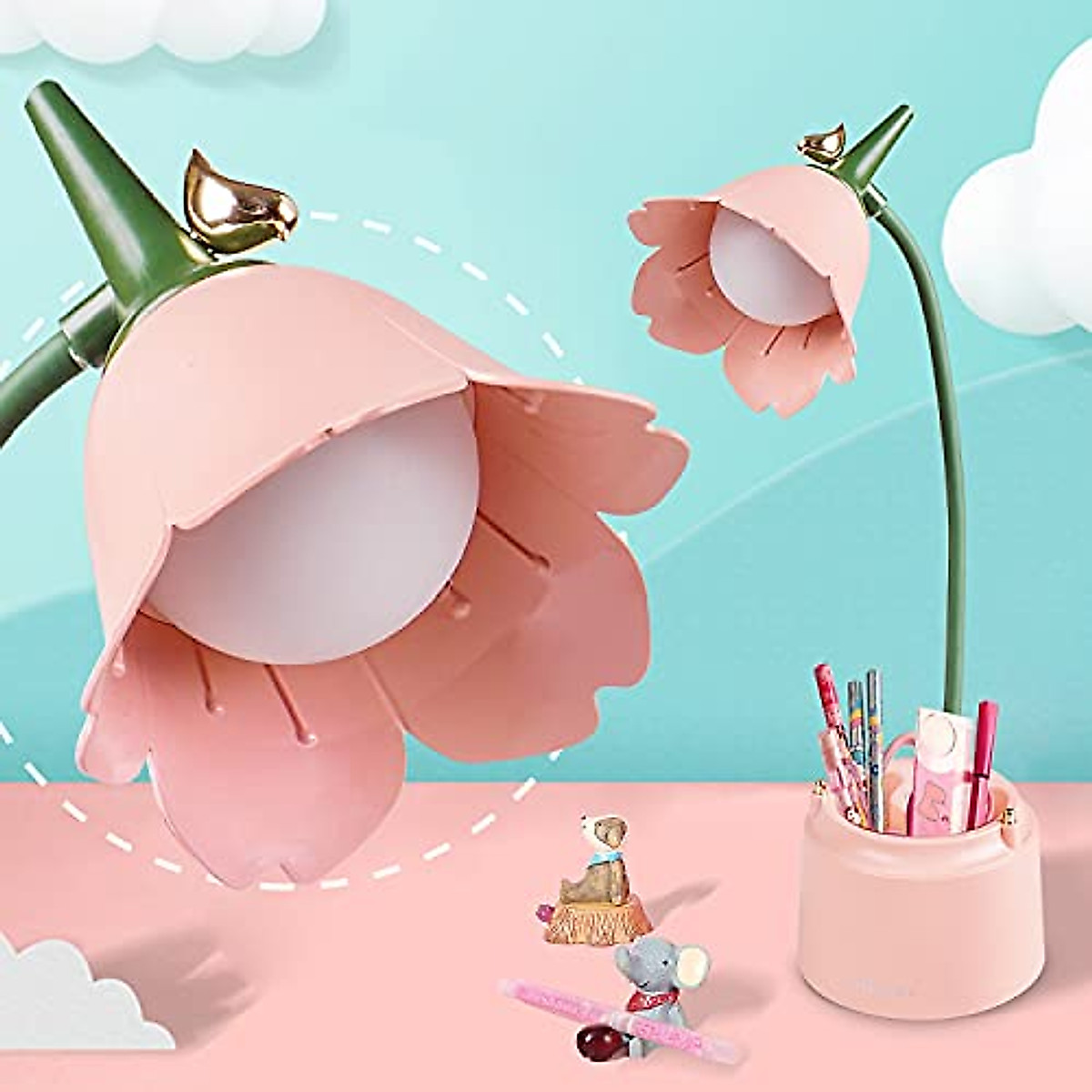 Neporal Small Desk Lamp, Rechargeable LED Desk Lamp Touch Control with 360° Bendable Adjustable Neck , Kawaii Room Accessories, Dimmable Cute Desk Lamp, Pink