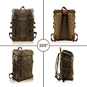 CRUITBILI Waxed Canvas Leather Hiking Travel Waterproof Backpack For College Weekend Travel Fit 15in Laptops (Army Green)