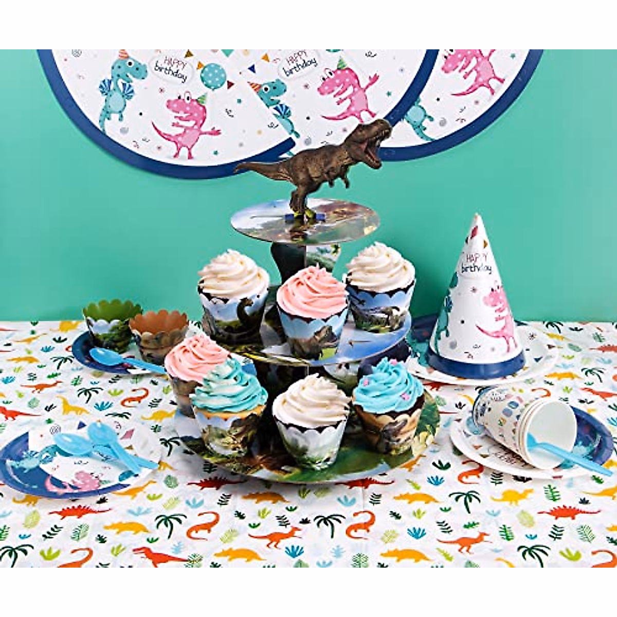 Dinosaur Cupcake Stand 3 Tier Cupcake Stand for Boys Dinosaur Birthday Party Cardboard Cupcake Stand for 24 Cupcakes