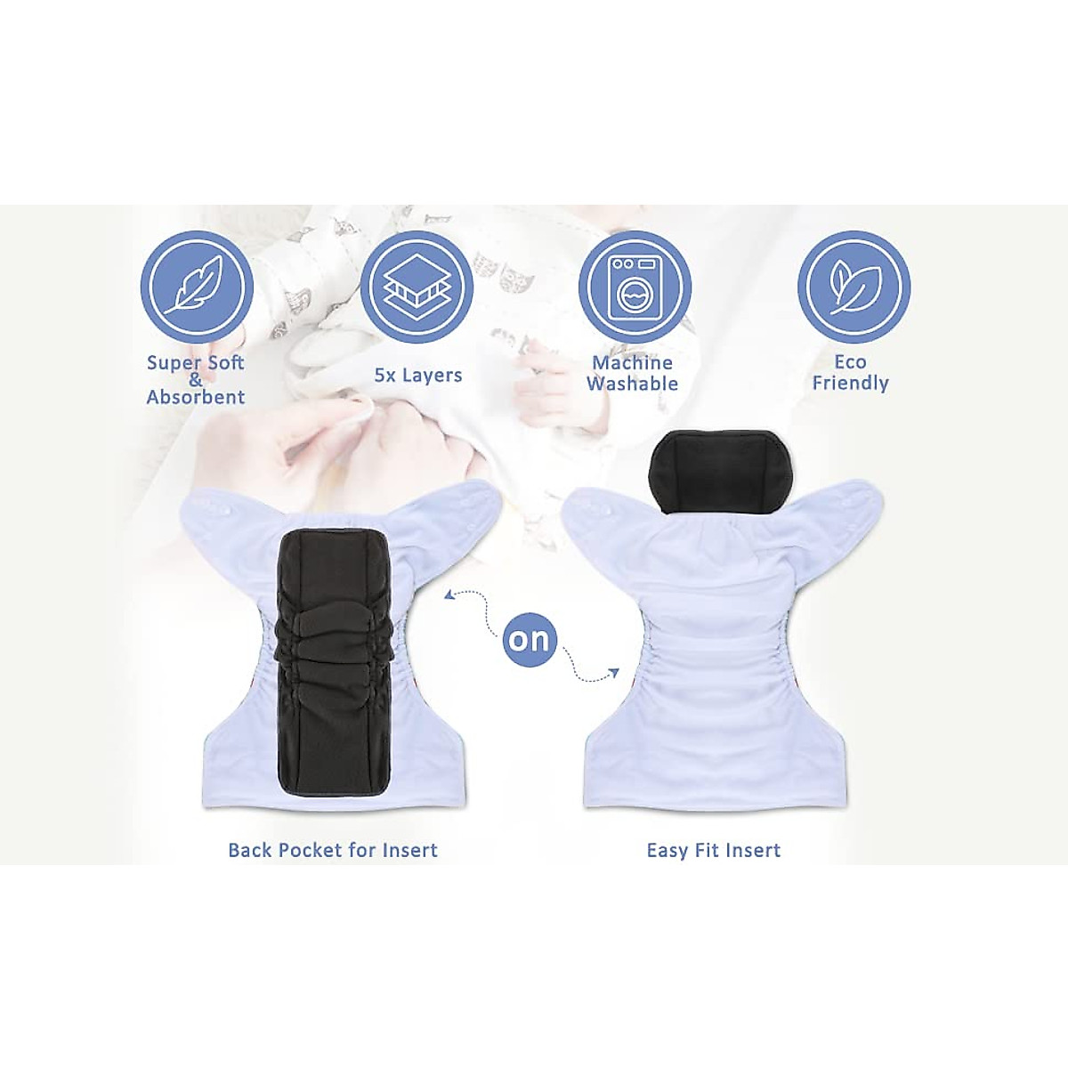 TDIAPERS Cloth Diapers Washable Reusable One Size Adjustable for Baby 6 Pack with 12 Inserts