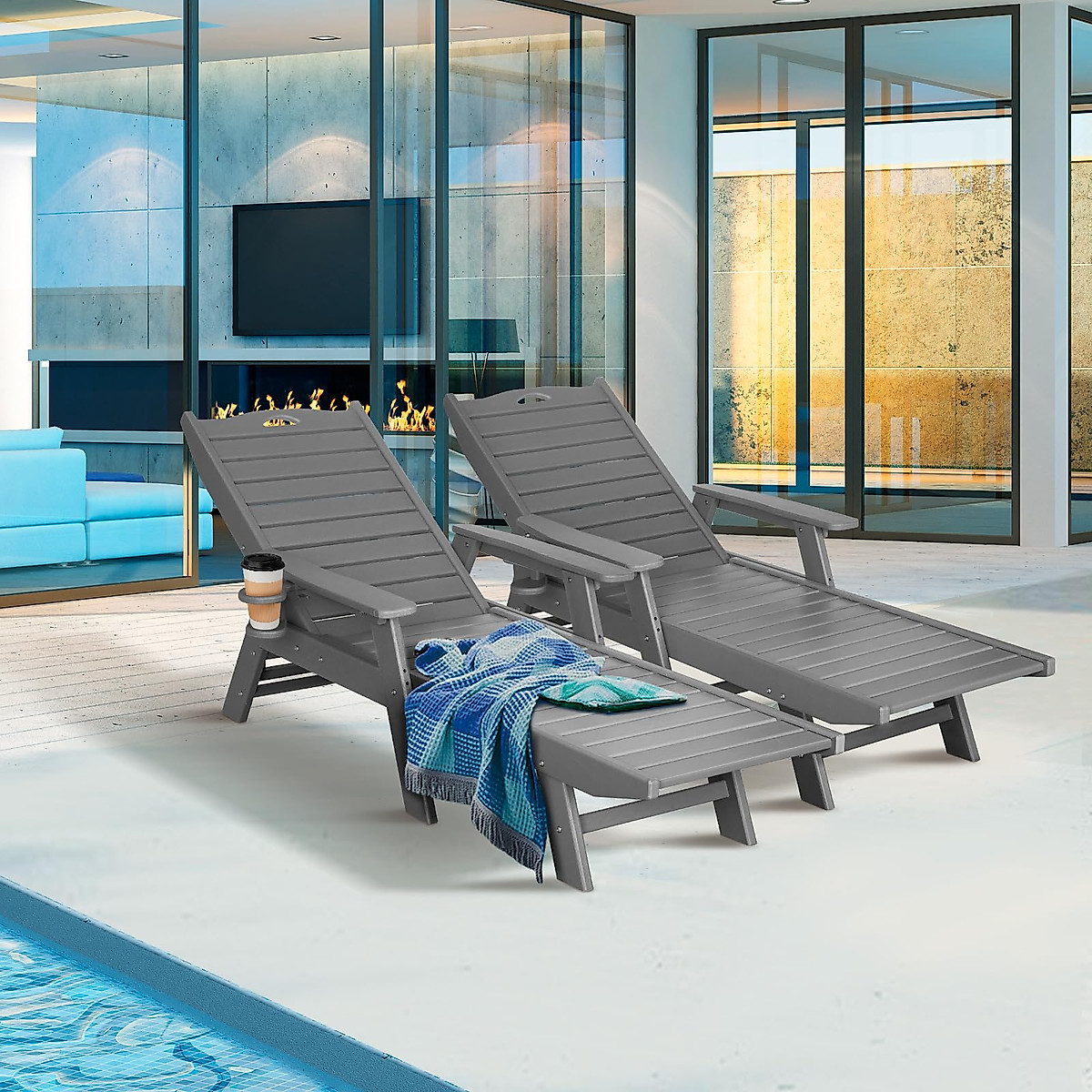 nalone Chaise Lounge Set of 2 Outdoor with 5-Position Adjustable Backrest, HDPE Lounge Chair for Outside Supports Up to 400 LBS, Pool Lounge Chairs for Patio Poolside Deck Beach Backyard (Grey)