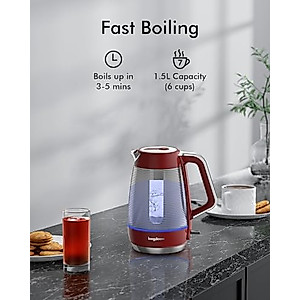 LONGDEEM Electric Tea Kettle Pot, Fast Boil, 1.7L/1500W, Borosilicate Glass Stainless Steel Inner Lid & Filter, Hot Water Boiler & Heater with Auto Shut Off, BPA-Free, Easy to Clean, Red