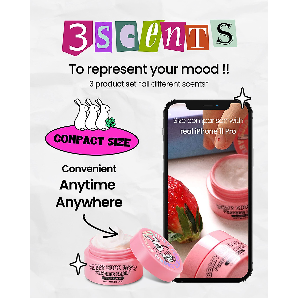 CHASIN' RABBITS Berry Good Vibes Perfume Moisturizer Face Cream | Facial Moisturizer Korean Face Cream Perfume Set | Face Moisturizer for Dry Skin Cream w/Ceramide & Strawberry Stem (0.50 oz x 3)