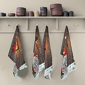 Winter Gnomes Lantern Kitchen Dish Towels Set of 4, Dwarfs Snowflake Landscape Dishcloths Absorbent Lint-Free Towel 18x28Inch Drying Clean Cloths Home Daily Use