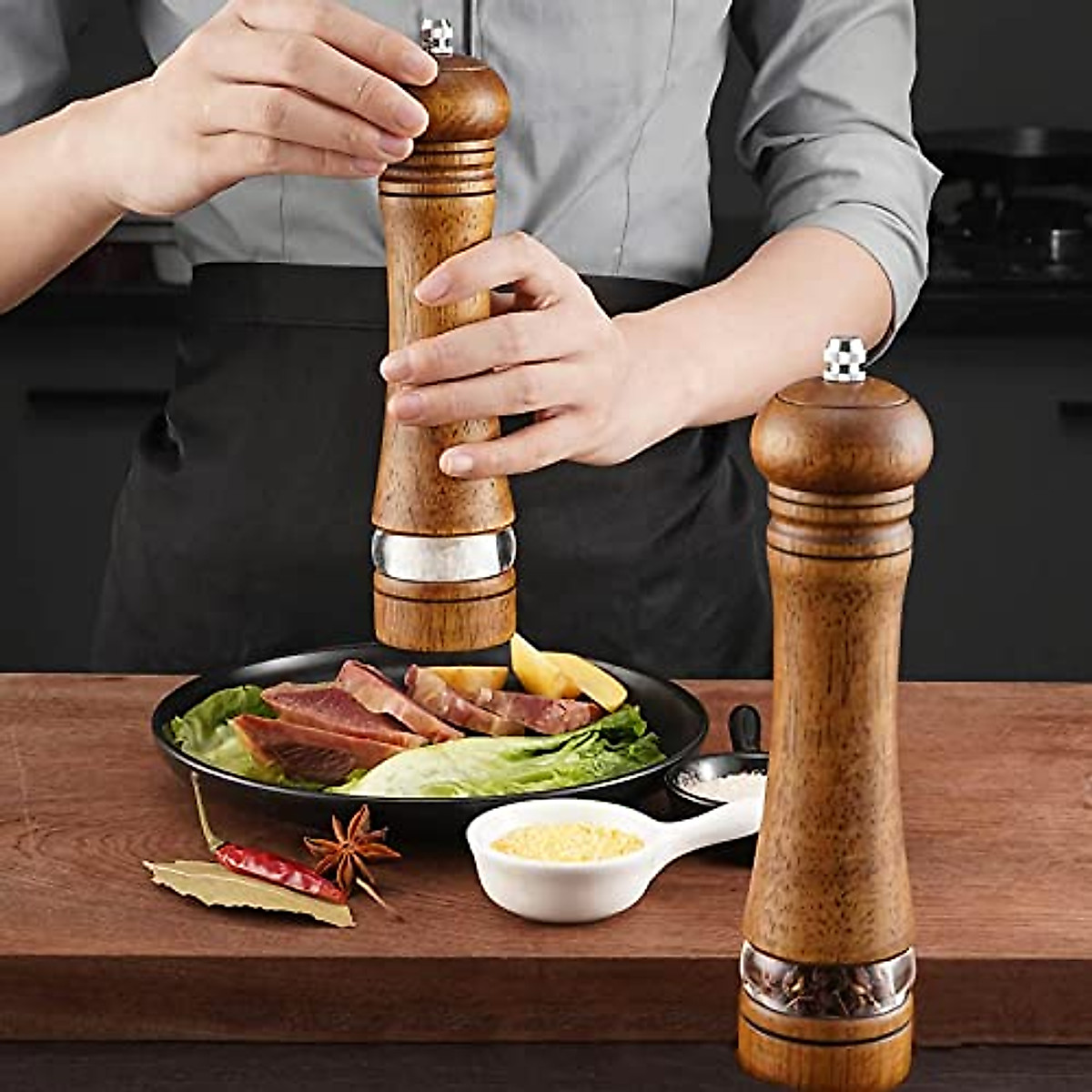 2-Piece Salt and Pepper Grinder Set, 8 Inch Wooden Salt and Pepper Mills with Adjustable Coarseness, Refillable Manual Pepper Mill Grinder for Home Cooks (Brown)