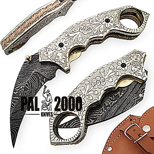 PAL 2000 KNIVES POC-9517 Handmade Damascus Steel Folding Pocket Knife Engraved Steel Handle with Sheath