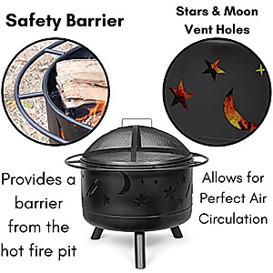 BIRDROCK HOME 30" Round Patio Fire Pit with Cover - Stars & Moon Pattern - 30 - Outdoor Backyard Lawn Garden - Light Weight Metal Fire Ring - 4 Roasting Sticks - Lid Lift Tool and Fire Poker