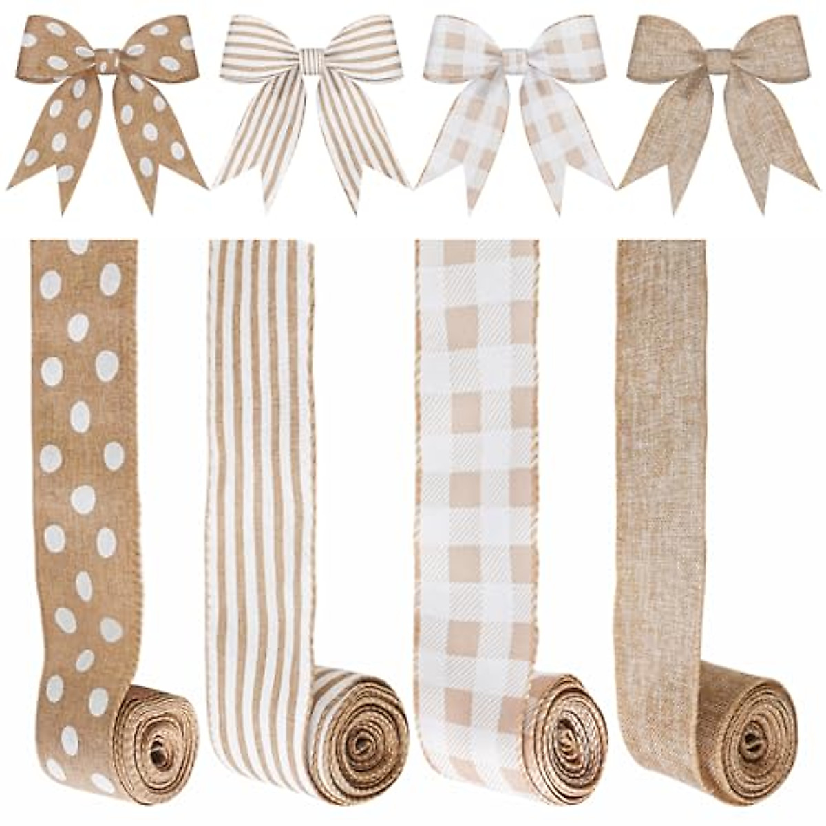 MuRealy Farmhouse Wired Ribbons 2.5 inch, 4 Rolls 20 Yards Welcome Stripe Polyester Ribbons with Buffalo Plaid, Dot Burlap Ribbon for DIY Wreaths Christmas, Birthday Wedding Decor