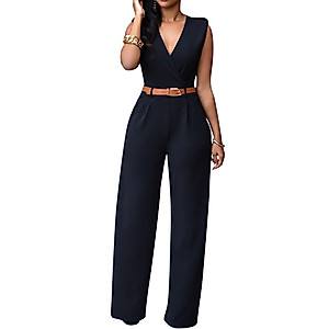 Pink Queen Women's Elegant V Neck Long Loose Belted Rompers Jumpsuits Black Large