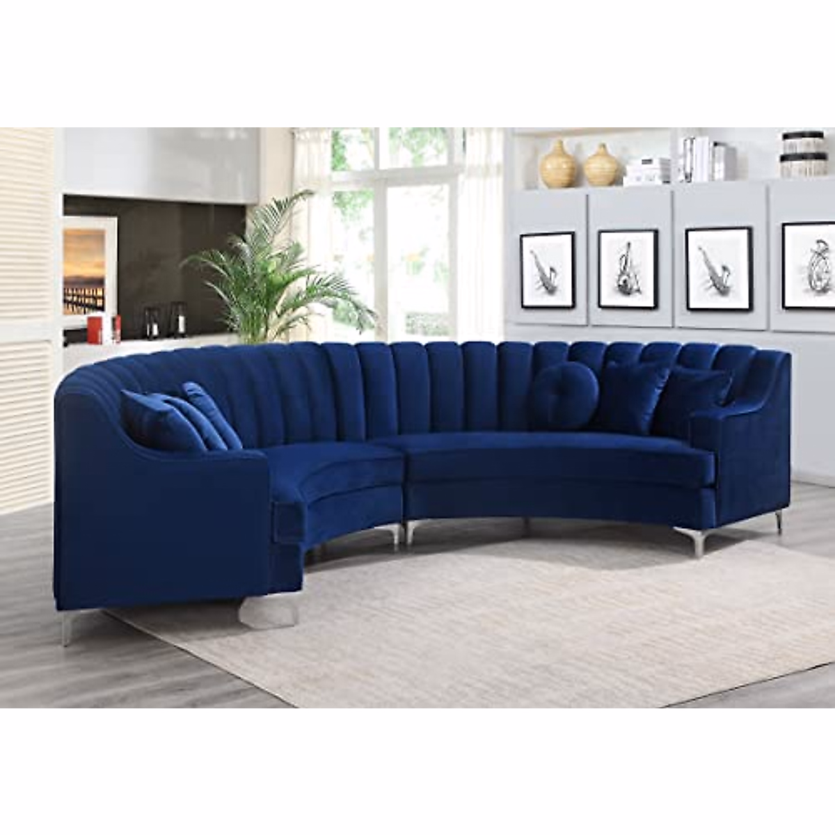 Legend Furniture Velvet Curved Sectional Round-Shaped Couch for Living Room Standard Sofa, 142", Blue