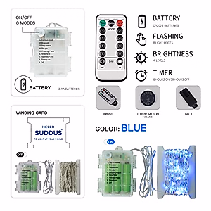 suddus 66ft 200 LED Outdoor String Lights, Blue Fairy Lights Battery Operated with Remote, Led Twinkle Lights for Bedroom, Dorm, Patio, Tapestry, Backyard, Garden, Christmas, Party, Indoor