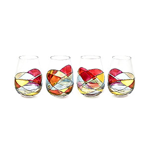 Stemless Wine Glasses Set 4 Sagrada Barcelona Hand Painted Mouth Blown Unique Gifts
