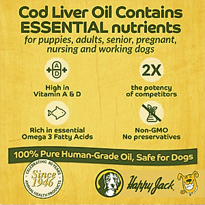 Happy Jack Cod Liver Fish Oil for Dogs Skin and Coat Supplement, Brain, Eyes, Bones, Hip, Joint, Heart & Immune System Health, Energy Booster (16 oz), Omega 3 with EPA & DHA, Vitamin A & D