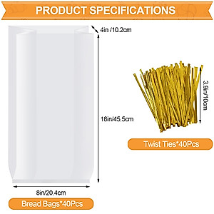 vivinin 70 Pack Bread Bags & 100 Pack Ties, 8" x 4" x 18" Clear Bread Bags for Homemade Bread, Reusable Plastic Bread Bags, Bread Loaf Bags, Bread Storage Bags for Bakers, Bakery Owners