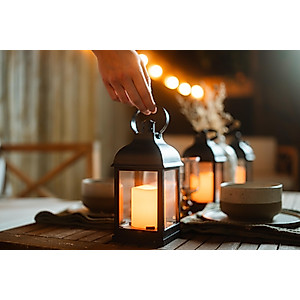 Just in Time for Winter {12 Pc Set} 10" Decorative Lanterns with Flameless LED Lighted Candle, 5 Hr Timer, Antique Look Indoor Outdoor Home, Garden, Weddings - Black. Includes Bonus String Lights!