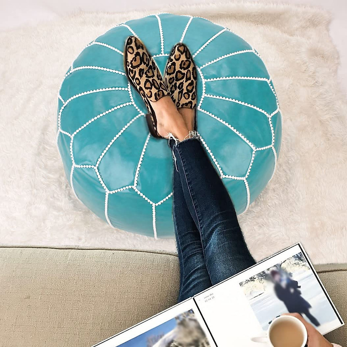 zefen Leather Pouf Unstuffed Ottoman - Moroccan Ottoman Footstool, Upholstered Pouf Futon Chair - Boho Decor for Living Room Furniture, Bedroom, Kids Room - Boho Home Gift Idea Wedding Poufs (Blue)