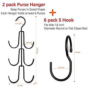VOOWO Purse Hanger for Closet 2 Pack Purse Hanger + 6 Pack Purse Hook for Closet, Metal Twisted S Hook, Purse Handbag Hanger Closet Organizer, Closet Rod Hooks for Hanging Purse Valentine's Day Gift