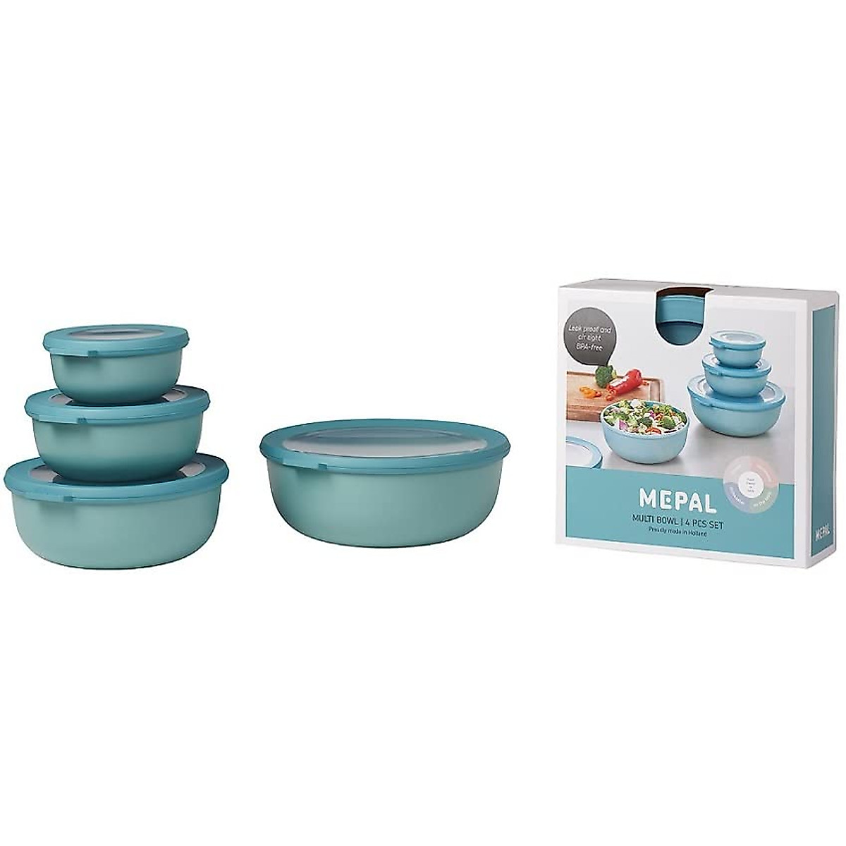 Mepal,Cirqula Set of 4 Multi Food Storage and Serving Bowls with Lids, Food Prep Containers, Shallow, Nordic Green,1 each (12oz, 25oz,42oz,76 oz),1 Set