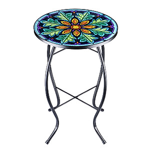 VCUTEKA Outdoor Side Table Mosaic End Table Patio Side Table Small End Table Glass Top Round Balcony Coffee Table Porch Indoor Glass Top