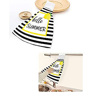 Ldtrchee Hello Summer Lemon Yellow Lace Hand Towel with Hanging Loop, Black White Stripes Fruit Hanging Tie Towels Set 1 Pcs, Kitchen Absorbent Towel for Bathroom Tea Bar Laundry