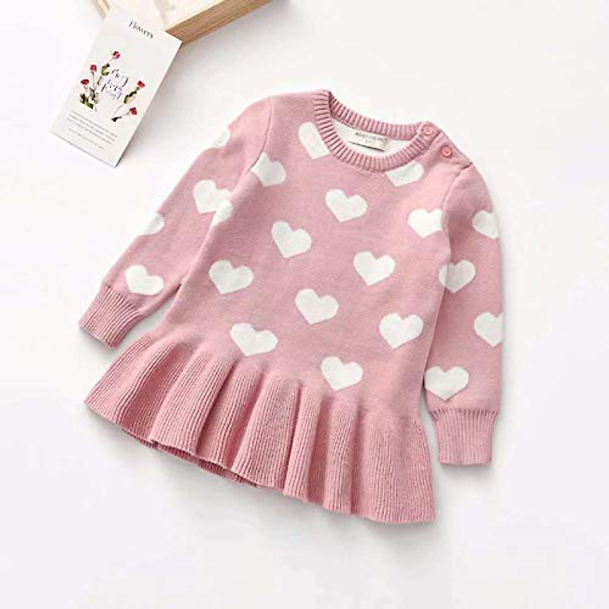 WALLARENEAR Toddler Baby Girl Valentine Dress Kids Heart Long Sleeve Knit Sweater Dress Pleated Dress Fall Winter Warm Outfits (Pink, 2-3 Years)
