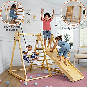 Avenlur 4-in-1 Juniper Indoor Play Gym - Jungle Gym Playset with Baby Swing, Slide, Ladder, and Climbing Wall - Foldable Wooden Playset - Indoor Jungle Gym for Kids Ages 18mo to 6yrs
