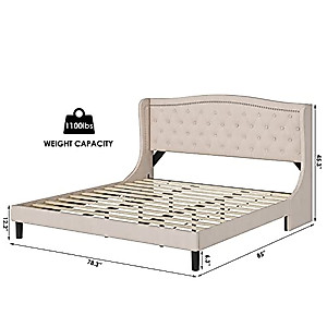 HOSTACK King Size Bed Frame, Modern Upholstered Platform Bed with Wingback Headboard, Heavy Duty Button Tufted Bed Frame with Wood Slat Support, Easy Assembly, No Box Spring Needed(Beige, King)