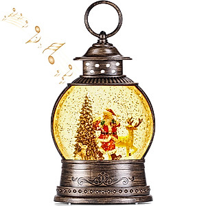Christmas Snow Globes Musical with Santa Claus & Reindeer, Kikth Snowglobes Christmas Lantern Glitter Lighted for Christmas Decorations and Gift, Bronze
