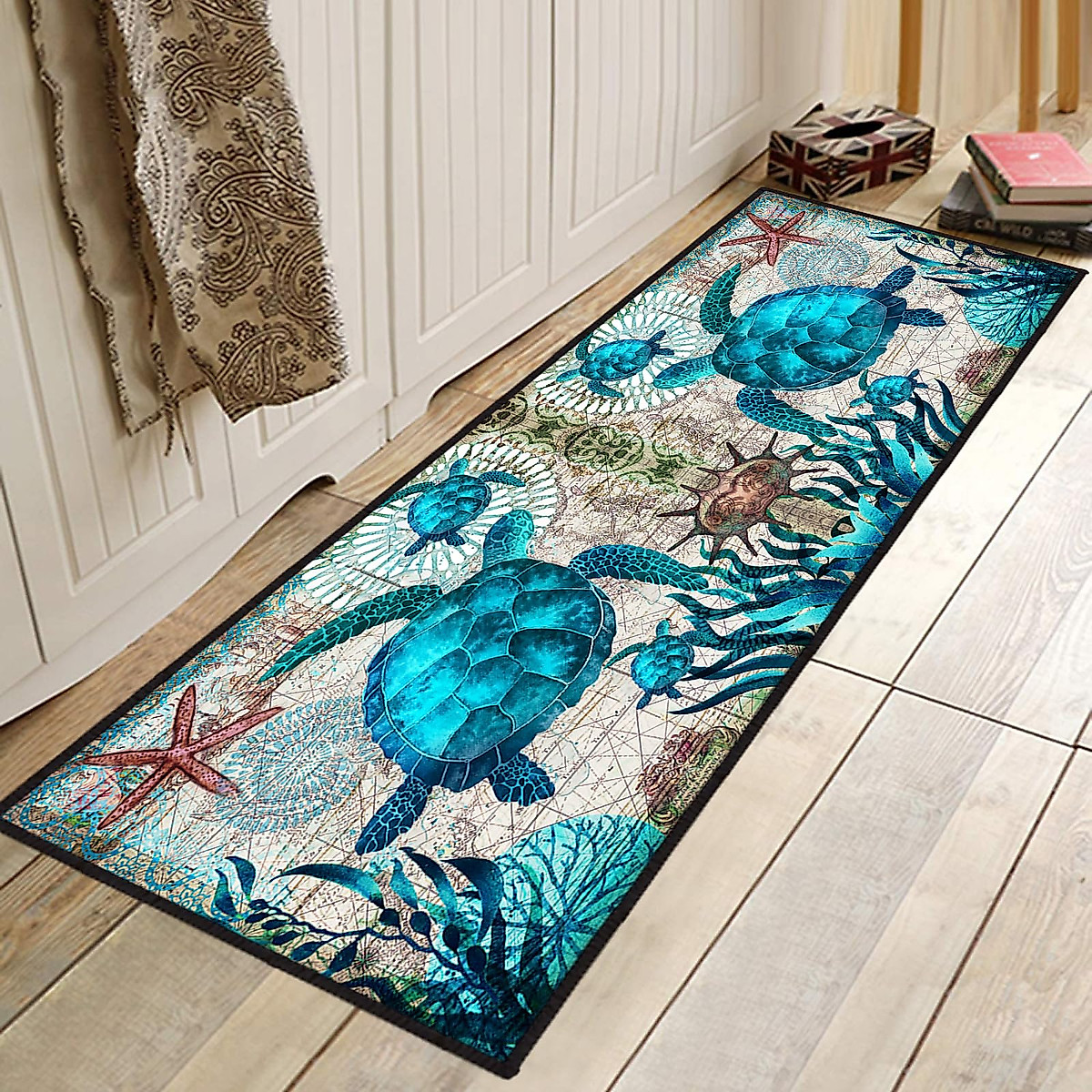 Coastal Runner Rug for Hallway 2x6 Sea Turtle Hallway Rugs Nautical Throw Rug Blue Turtles Beach Ocean Life Teal Marine Animal Area Rug Non-Slip Floor Carpet for Bedroom Entryway Door Mat Washable Rug