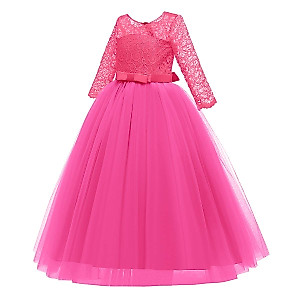 Spring Flower Girl Wedding Bridesmaid 3/4 Sleeves Kids Floral Lace Pageant Communion Princess Dress Prom Evening Dance Gown Hot Pink 7-8 Years