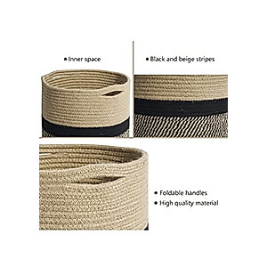 Large Modern Woven Rope Basket. Woven Storage Basket Decorative Rope Basket Wooden Bead Decoration for Blankets,Toys,Clothes,Shoes,Plant Organizer Bin with Handles Living Room Home Decor, Jute.
