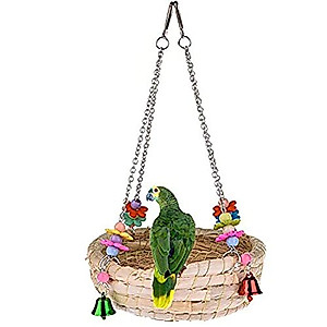 Bird Nest Swing Bed Toy with Bell Woven Straw for Parrot Parakeet Cockatiel African Grey Cockatoo Conure Budgie Canary Lovebird Finch Cage Accessories
